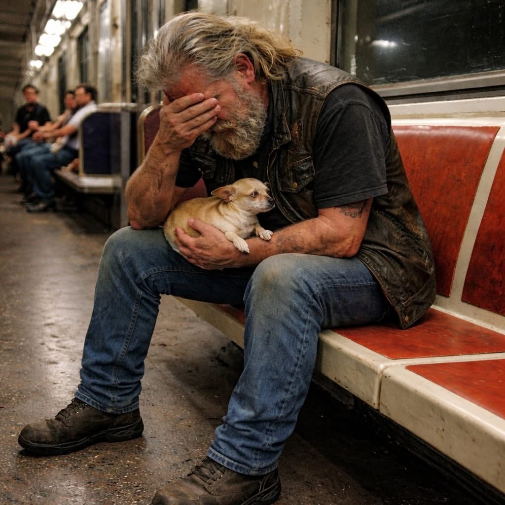 Biker Was Crying Over A Dying Dog On The Subway And Everyone Moved Away ...