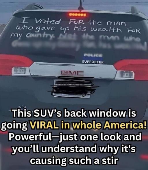 A handwritten message scrawled across an SUV’s rear window turns an ...